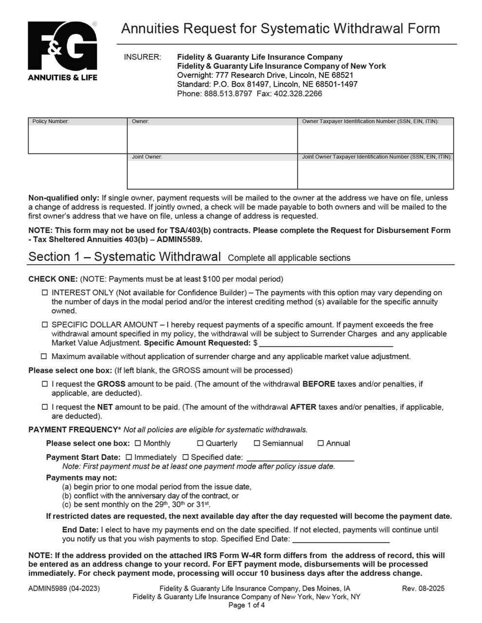 Request a systematic payment | F&G